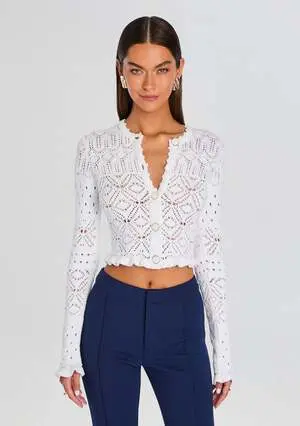 Retrofete Giuliana Crochet Cardigan With Scalloped Hem - White