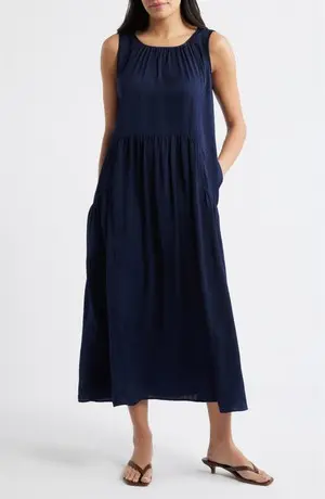 CITY BLUES Sleeveless Maxi Dress With Gathered Neckline And Ruffled Skirt - Navy