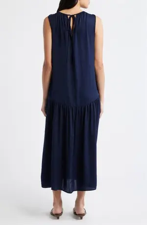 CITY BLUES Sleeveless Maxi Dress With Gathered Neckline And Ruffled Skirt - Navy