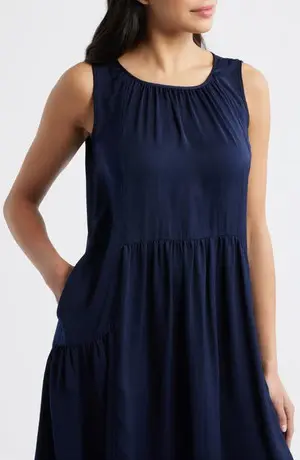 CITY BLUES Sleeveless Maxi Dress With Gathered Neckline And Ruffled Skirt - Navy