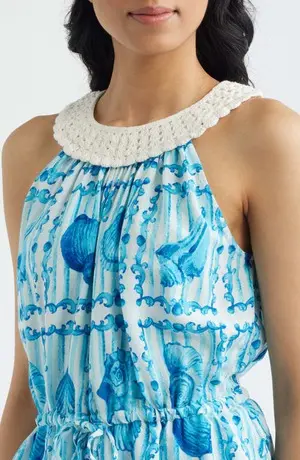 CITY BLUES Sleeveless Shell Print Top With Crochet Collar