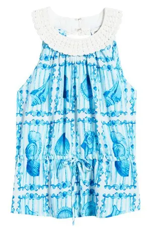 CITY BLUES Sleeveless Shell Print Top With Crochet Collar