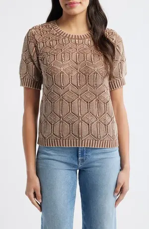 CITY BLUES Short Sleeve Distressed Sweater - Burlap