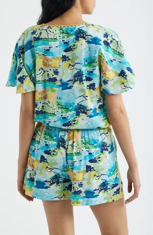 CITY BLUES Allover Print Faux Wrap Shirt With Lacy Trim