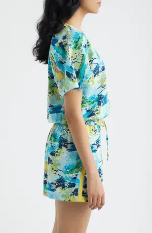 CITY BLUES Allover Print Faux Wrap Shirt With Lacy Trim