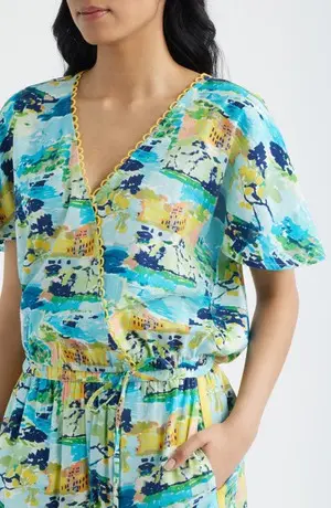 CITY BLUES Allover Print Faux Wrap Shirt With Lacy Trim