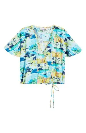 CITY BLUES Allover Print Faux Wrap Shirt With Lacy Trim