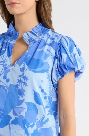 SUGARLIPS Floral Puff Sleeve Cotton Top - Light Blue