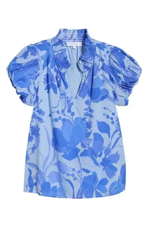 SUGARLIPS Floral Puff Sleeve Cotton Top - Light Blue