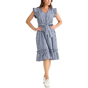 BRAVE+TRUE Gingham Check Ruffle Midi Dress With Tie Belt