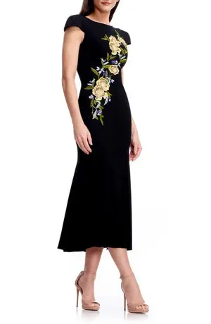 Dress The Population Sheryl Floral Appliqué Midi Cocktail Dress - Black Multi