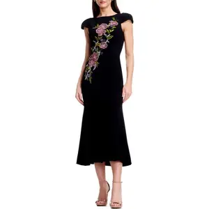 Dress The Population Sheryl Floral Appliqué Midi Cocktail Dress - Black Multi