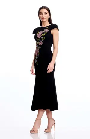 Dress The Population Sheryl Floral Appliqué Midi Cocktail Dress - Black Multi