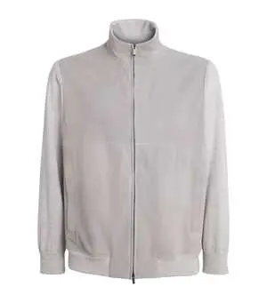 Paul & Shark Aqua Suede Bomber Jacket With Cashmere-linen Blend Sleeves