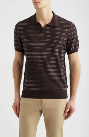 BOSS H-narciso Stripe Johnny Collar Polo - Dark Brown