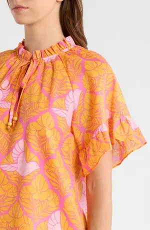 SUGARLIPS Jaidy Floral Split Neck Cotton Top - Orange-pinks-multi