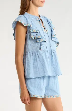 SUGARLIPS Marcy Floral Ruffle Trim Split Neck Top - Lt-blue