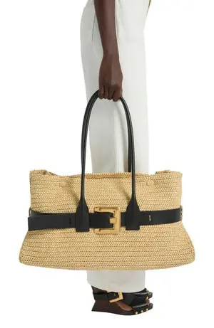 Balmain Large Anthem Bag In Viscose And Smooth Calfskin Leather - Beige