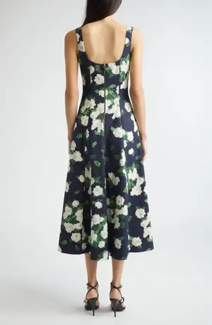 Carolina Herrera Rose Print Sleeveless Square Neck Midi Dress - Midnight Multi