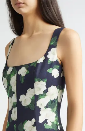 Carolina Herrera Rose Print Sleeveless Square Neck Midi Dress - Midnight Multi