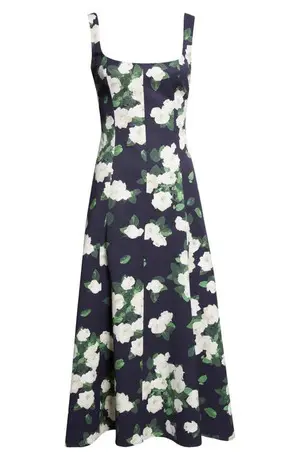 Carolina Herrera Rose Print Sleeveless Square Neck Midi Dress - Midnight Multi