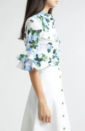 Carolina Herrera Rose Print Tiered Ruffle Cuff Button-up Shirt