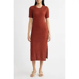 CITY BLUES Textured Midi Sweater Dress With Crewneck And Short Sleeves - Paprika