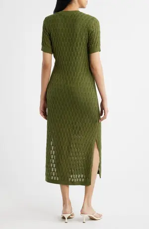 CITY BLUES Textured Midi Sweater Dress With Crewneck And Short Sleeves - Pine