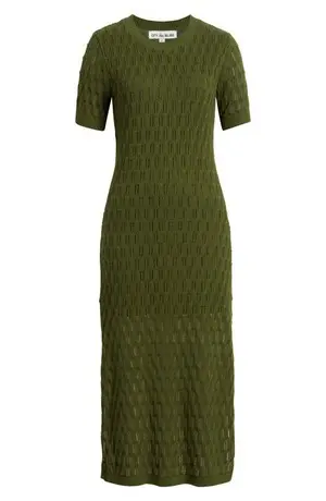 CITY BLUES Textured Midi Sweater Dress With Crewneck And Short Sleeves - Pine
