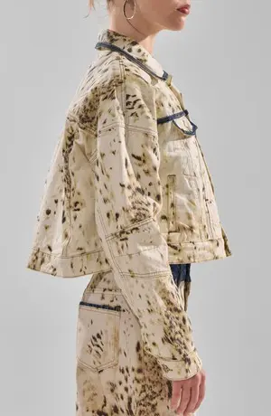 AZALEA WANG Santana Cow Print Crop Denim Jacket