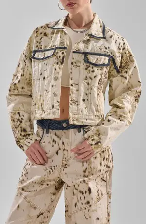 AZALEA WANG Santana Cow Print Crop Denim Jacket