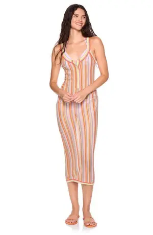 Susana Monaco Striped Open Stitch Sweater Midi Dress - Apricot/potion