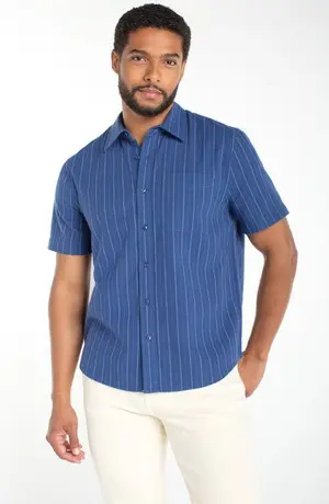 LIVERPOOL Pinstripe Short Sleeve Cotton Button-up Shirt