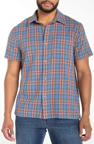 LIVERPOOL Plaid Short Sleeve Cotton Button-up Shirt - Blue Red Multi
