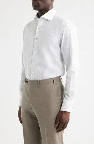 1863 BY ETERNA Modern Fit Stripe Non-iron Cotton Dress Shirt - Brown