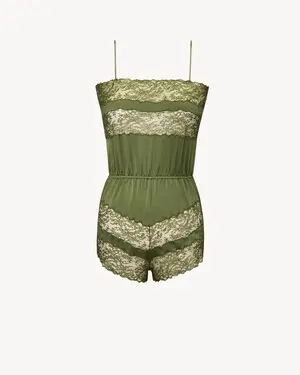 Saint Laurent Lace-trimmed Silk Satin Romper - Kaki