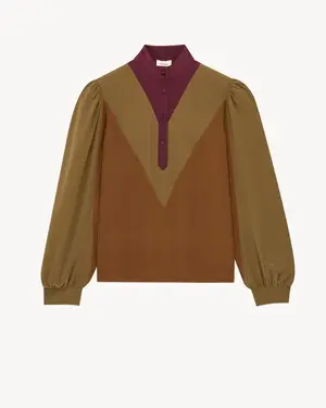 Saint Laurent Color-block Chevron Blouse In Silk Crepe De Chine