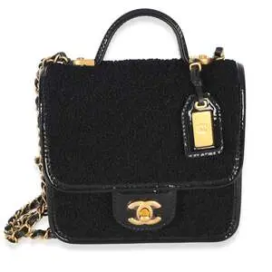 Chanel Tweed Patent Leather Top Handle Flap Bag - Black
