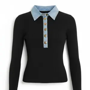 LUÚM Salina Ribbed Knit Top With Denim Collar