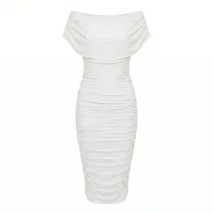 ATOM LABEL Off-shoulder Pleated Knee-length Dress - White