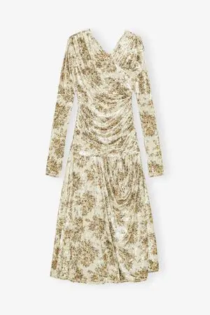 GANNI Golden Floral Ruched Asymmetrical Neckline Long Sleeve Dress - Beige