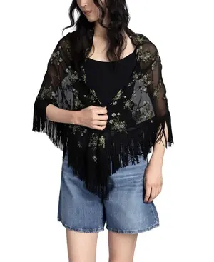 Anna Sui Bluebell Embroidered Chiffon Fringe Shawl