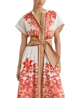 REISS Sawyer Belted Floral Print Midi Dress - Pink/ivory