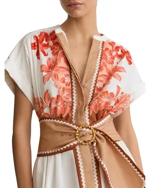 REISS Sawyer Belted Floral Print Midi Dress - Pink/ivory