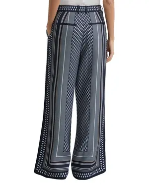 REISS Anna Wide Leg Printed Trousers - Navy