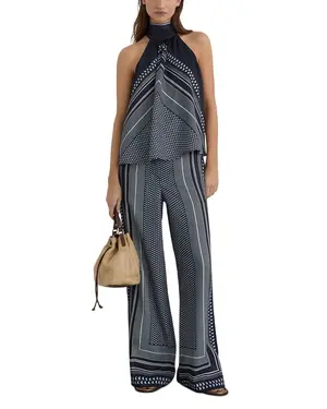REISS Petite Anna Printed Wide Leg Trousers - Navy