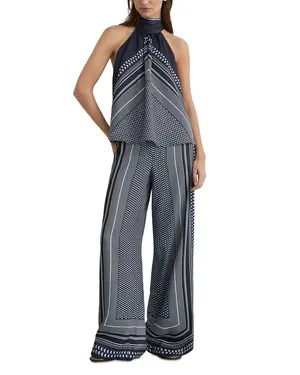 REISS Petite Anna Printed Wide Leg Trousers - Navy
