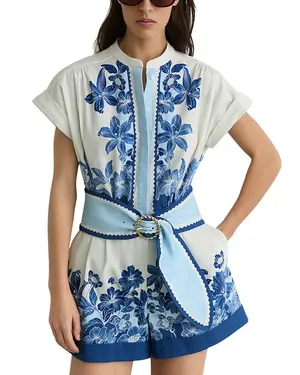 REISS Soya Romper With Floral Print And Belt - Navy/ivory