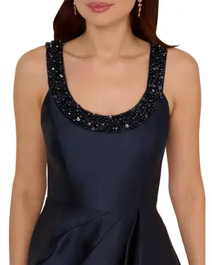 Adrianna Papell Beaded Neckline Mikado Gown