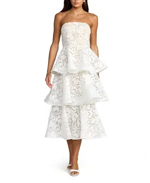 Mac Duggal Strapless Lace Tiered Floral Midi Dress - Ivory